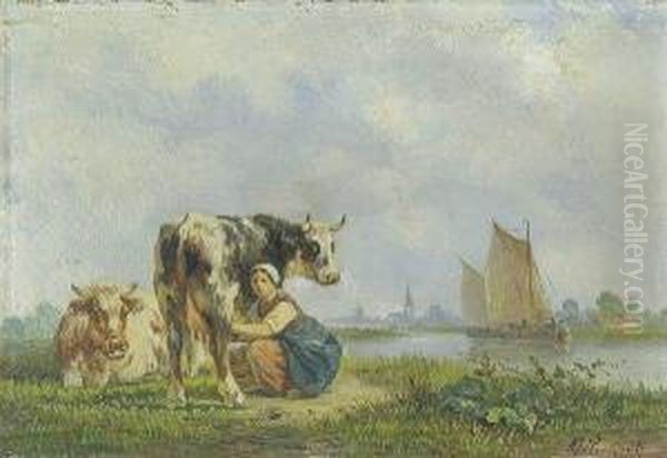 Maiden Milking A Cow oil painting reproduction by Albert Jurardus van ...