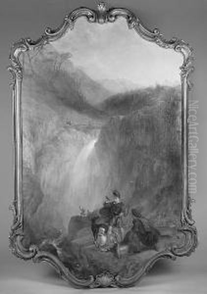 Highland Stag Hunting Scene Near A Waterfall In A Mountainous Landscape ...