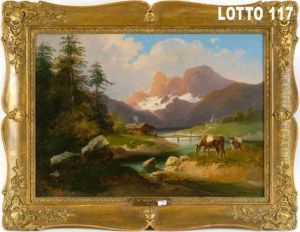 Mucche Alpascolo oil painting reproduction by F. Holzer ...