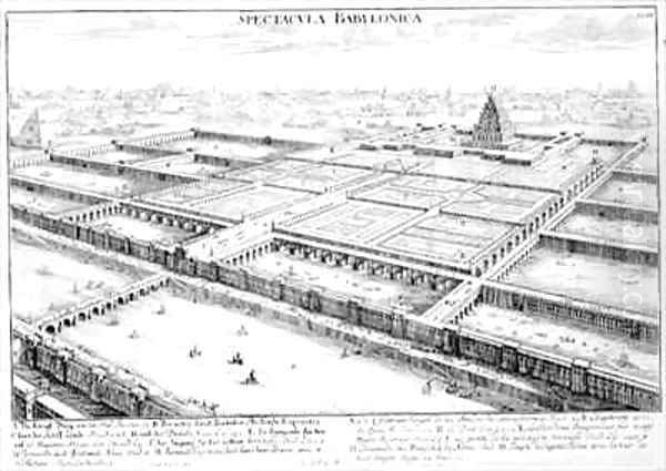 View of Ancient Babylon showing the Hanging Gardens and the Temple of ...