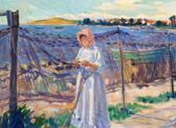 A Young Girl Mending The Fishing Nets On The Beach oil painting ...