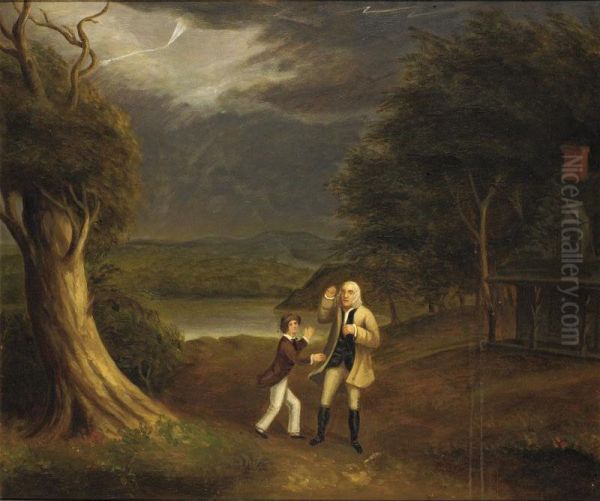 Benjamin Franklin And Boy Flying A Kite In A Landscape oil painting ...