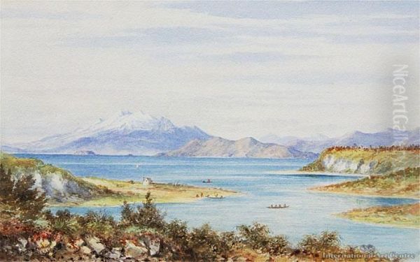 Lake Taupo With Maori Village And Waka oil painting reproduction by ...
