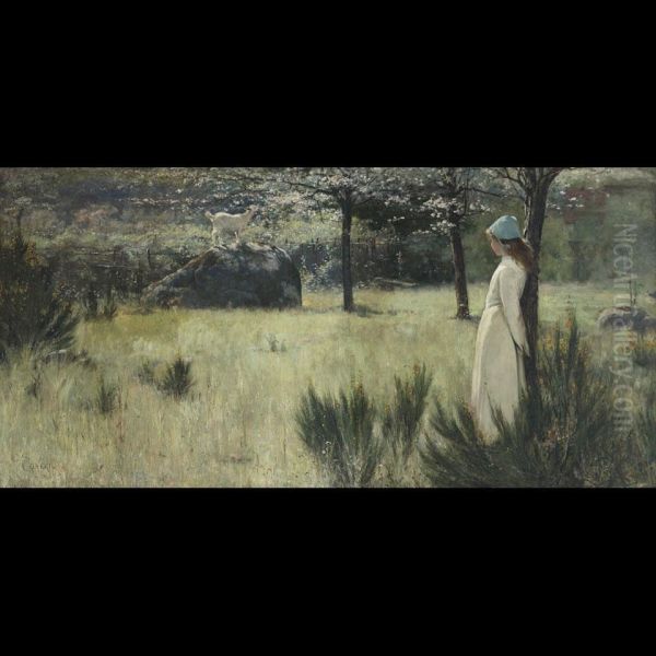 The Young Shepherdess And Her Goat In A Springtimepasture oil painting ...
