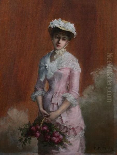 French Beauty In Pink With Basket Of Roses oil painting reproduction by ...