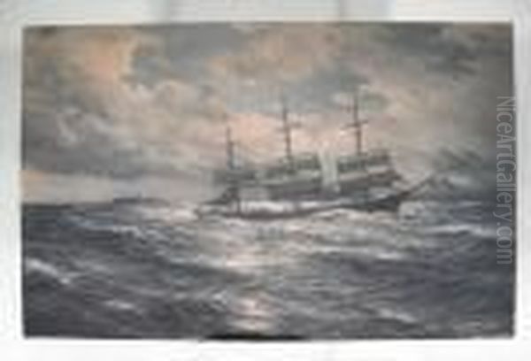3 Masted Ship In Open Sea oil painting reproduction by Hugo Schnars ...