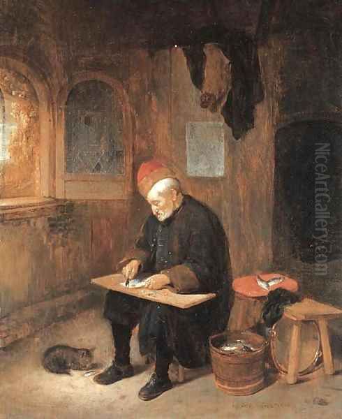 A fishmonger scaling fish oil painting reproduction by Quiringh ...