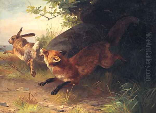 A Fox Chasing A Rabbit oil painting reproduction by Adolf Henrik ...