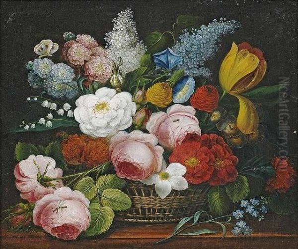 Still-life Withflowers In A Basket. oil painting reproduction by Josef ...