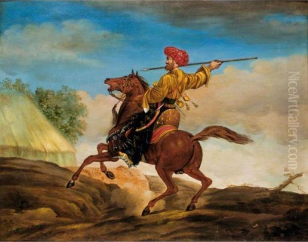 A Mounted Cavalier Brandishing A Spear oil painting reproduction by ...