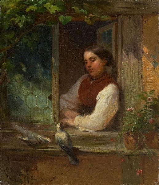 Christine Rumpf Am Fenster Mit Zwei Tauben oil painting reproduction by ...