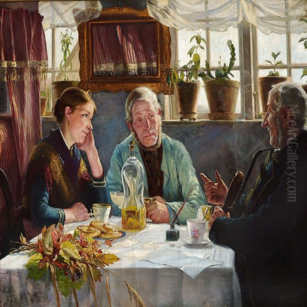Interior With A Girl And Two Old Men Drinking Coffee And Schnapps oil ...