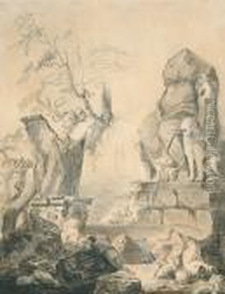 Paysage Anime Avec Statue Antique Colossale Servant De Fontaine oil ...