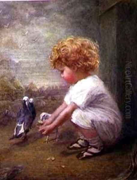Little Girl feeding Pigeons oil painting reproduction by Catherine P ...