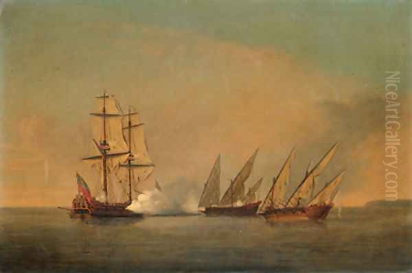 An English privateer in action with two armed French galleys in the ...